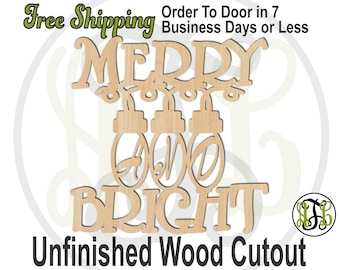 Merry and Bright Text Words Laser Cut Out Unfinished Wood Shape Craft ...