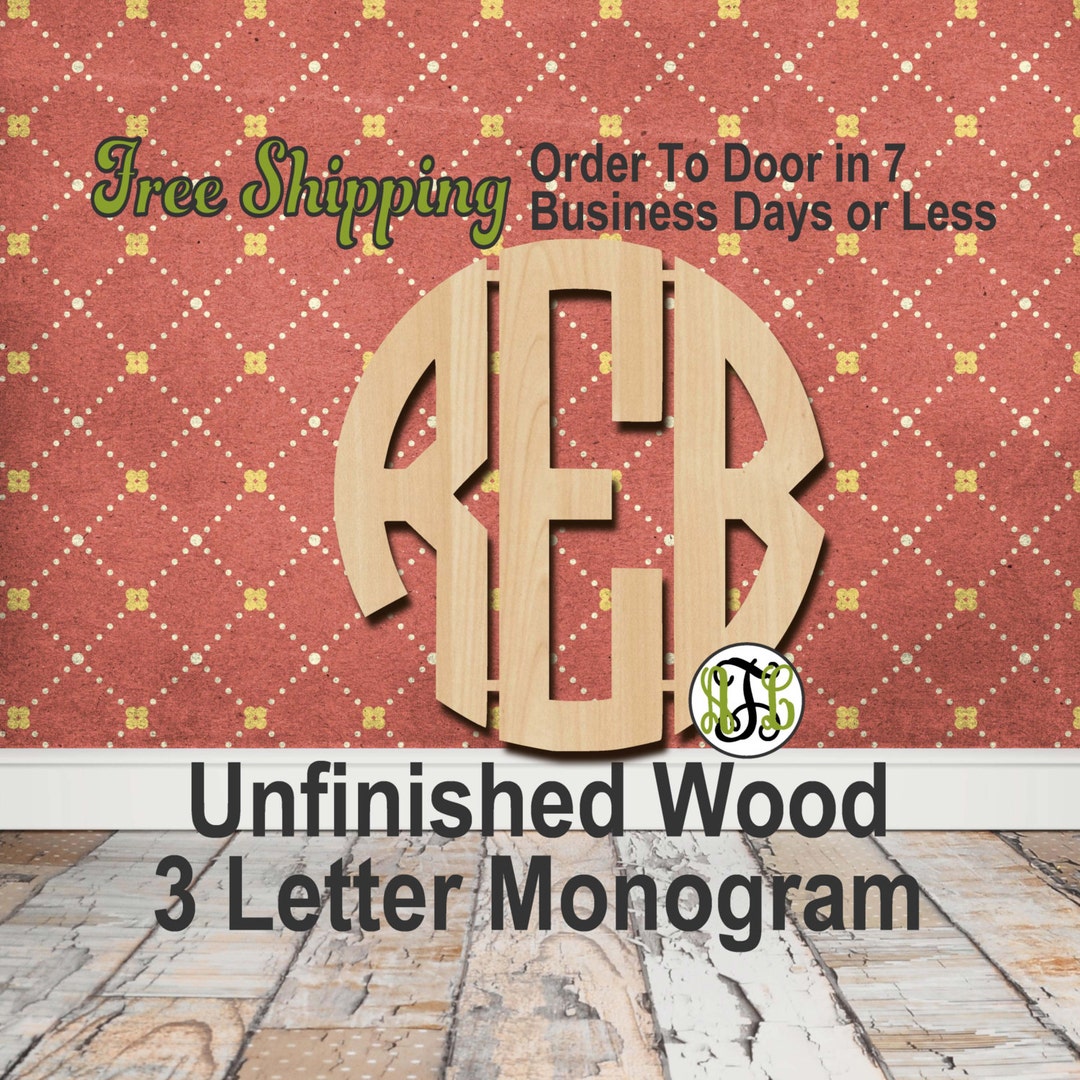 3 Letter Monogram, Unfinished Wood, Connected Circle, Craft, Laser Cut ...