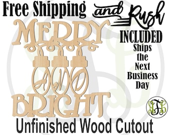Merry and Bright Text Words Laser Cut Out Unfinished Wood Shape Craft ...