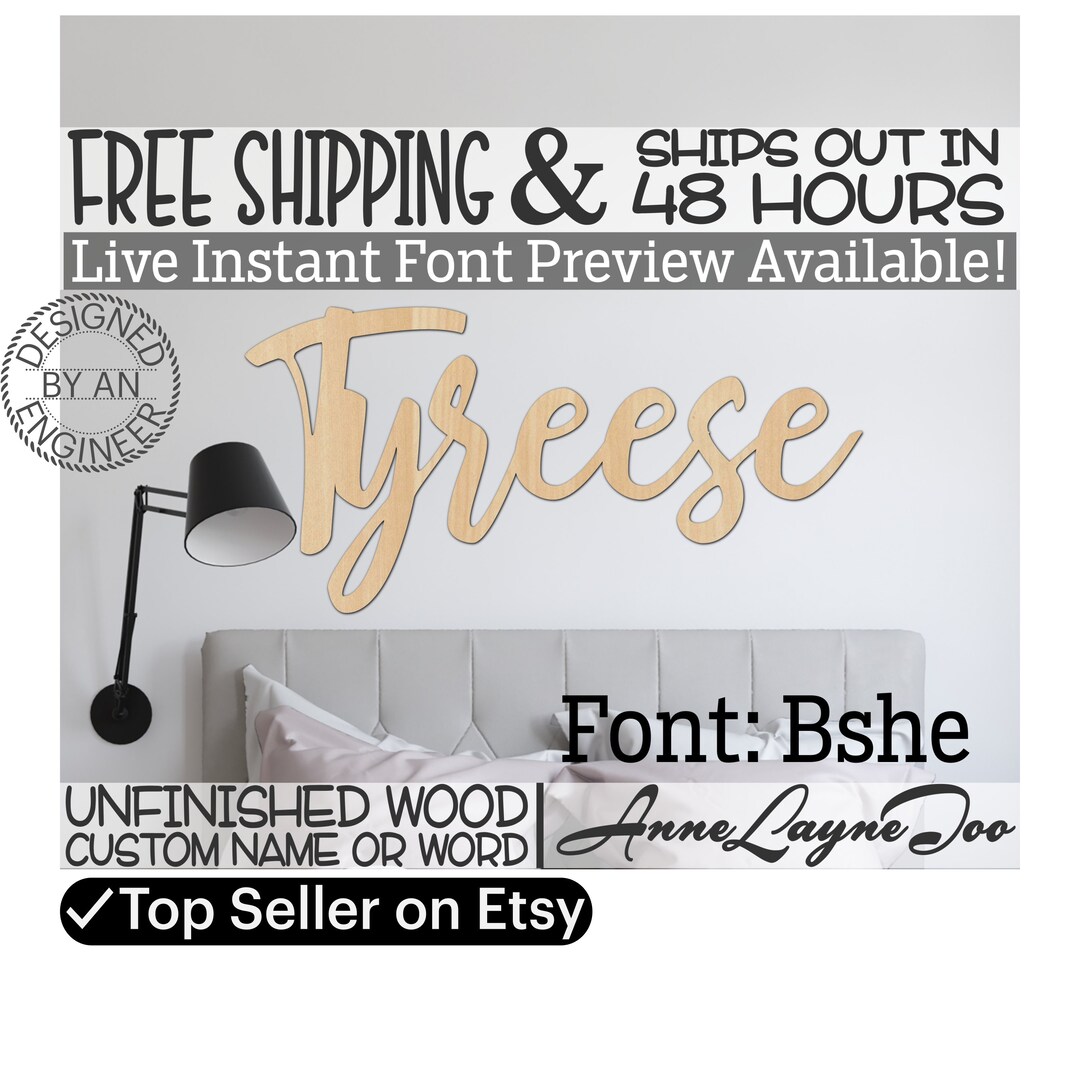 Wooden Name Sign, Bshe Font, Unfinished Wood Cutout, Custom Wood Name ...