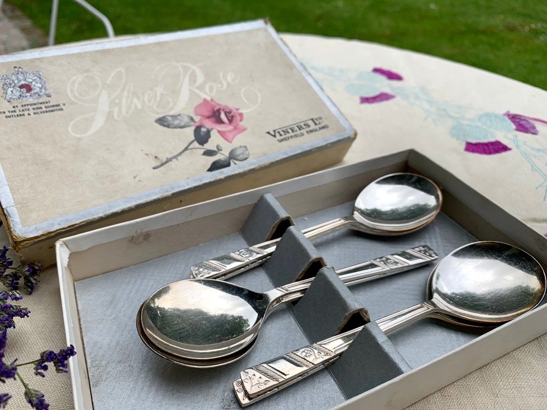 Set of 6 Vintage Viners Silver Rose Dessert Spoons in Original Box - Etsy