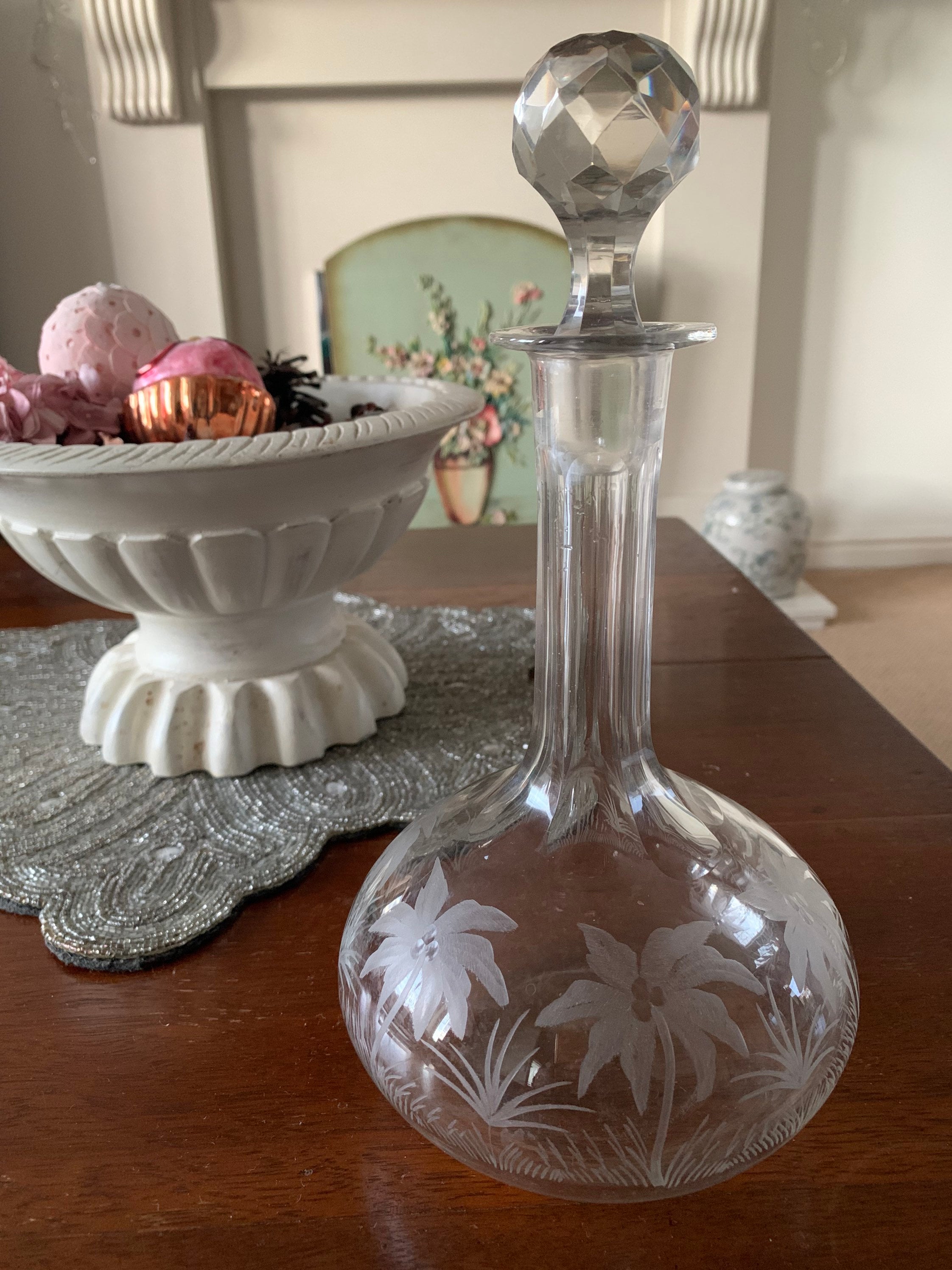 Large Long-necked, Etched Glass Decanter, Palm Trees - Etsy