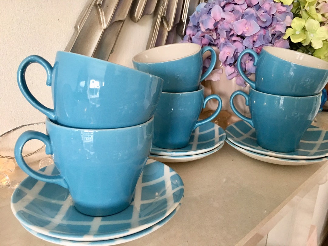 Pair of Mid Century, Tams Ware, Blue Teaset With Chequered Saucers - Etsy