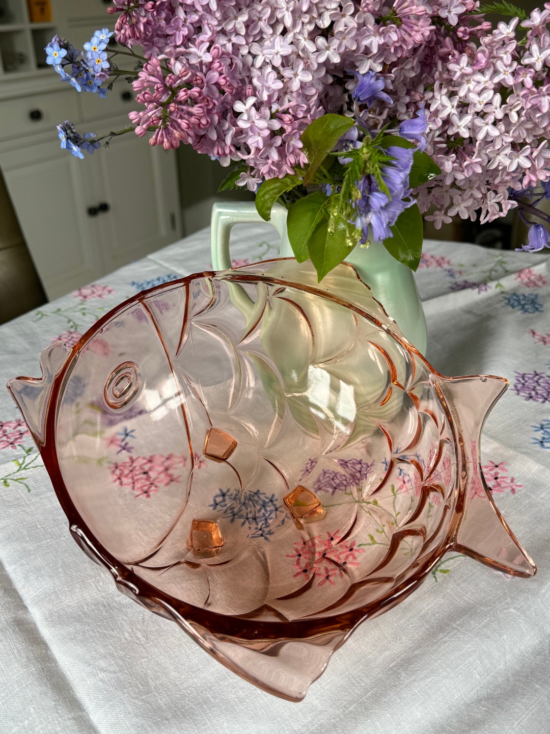 Vintage Art Deco Stolzle Hermanova Large Pink Glass Dessert Bowl, Fish ...