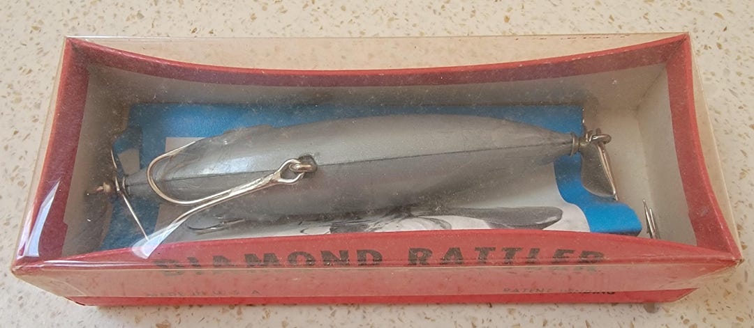 Vintage Diamond Rattler Jim Strader Fishing Lure 4" Inch Large Silver ...