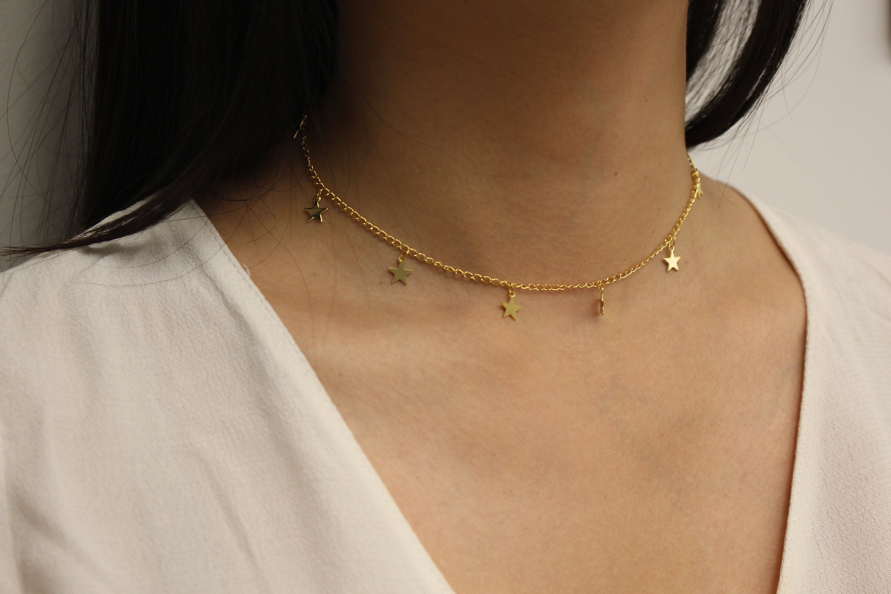 Gold Star Choker Necklace-star Necklace-gold Dangle Necklace-star ...