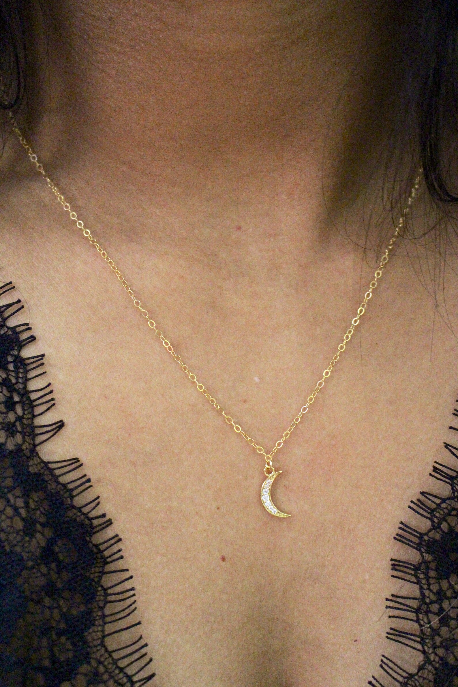 Small CZ Crescent Moon Necklace-Silver Moon Necklace-Gold Moon | Etsy