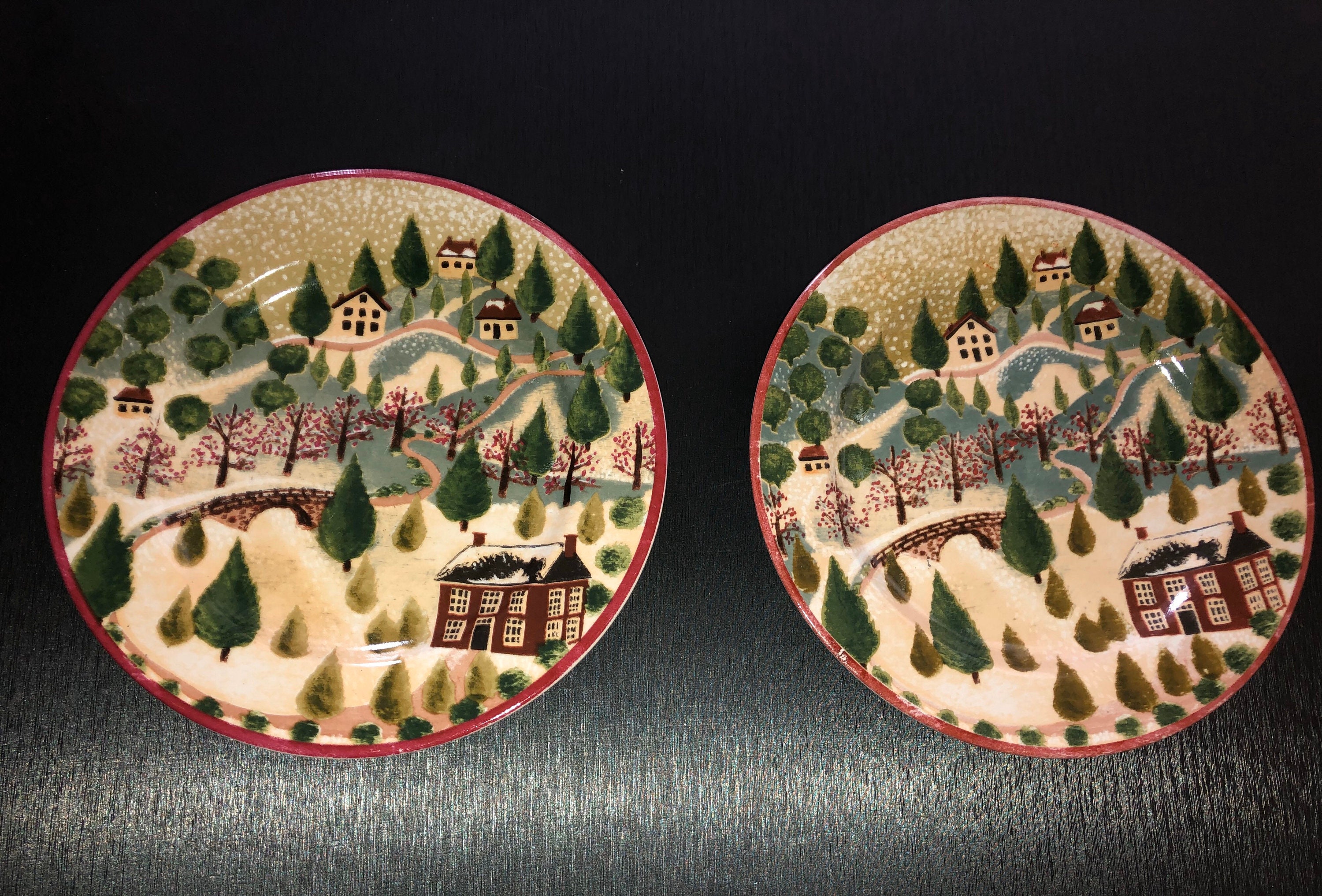 Vintage Block Country Village Salad Plates, Winter Farmhouse Decor (set ...
