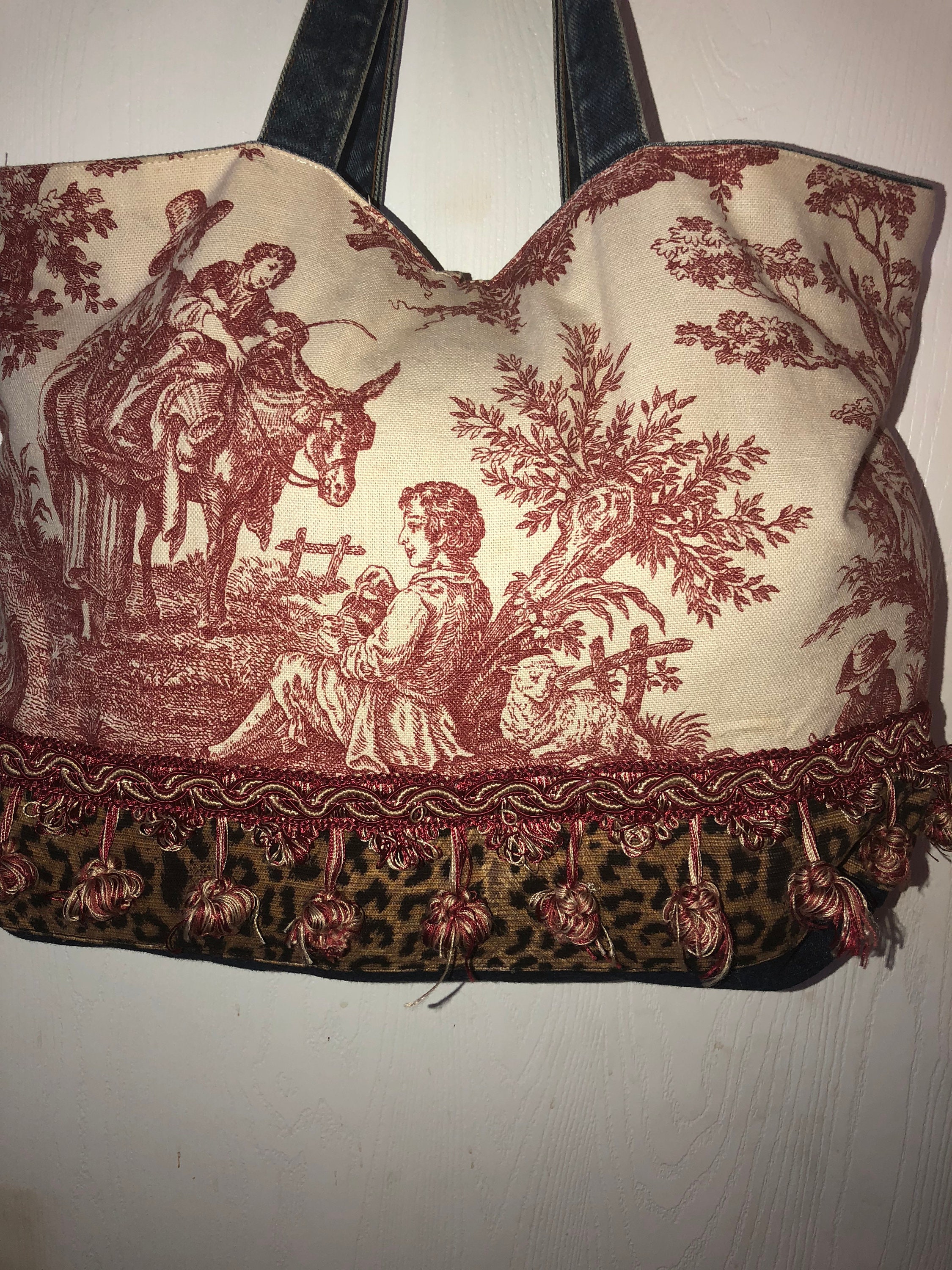 Red Toile Denim Leopard Large Tote Bag Purse Fringe - Etsy