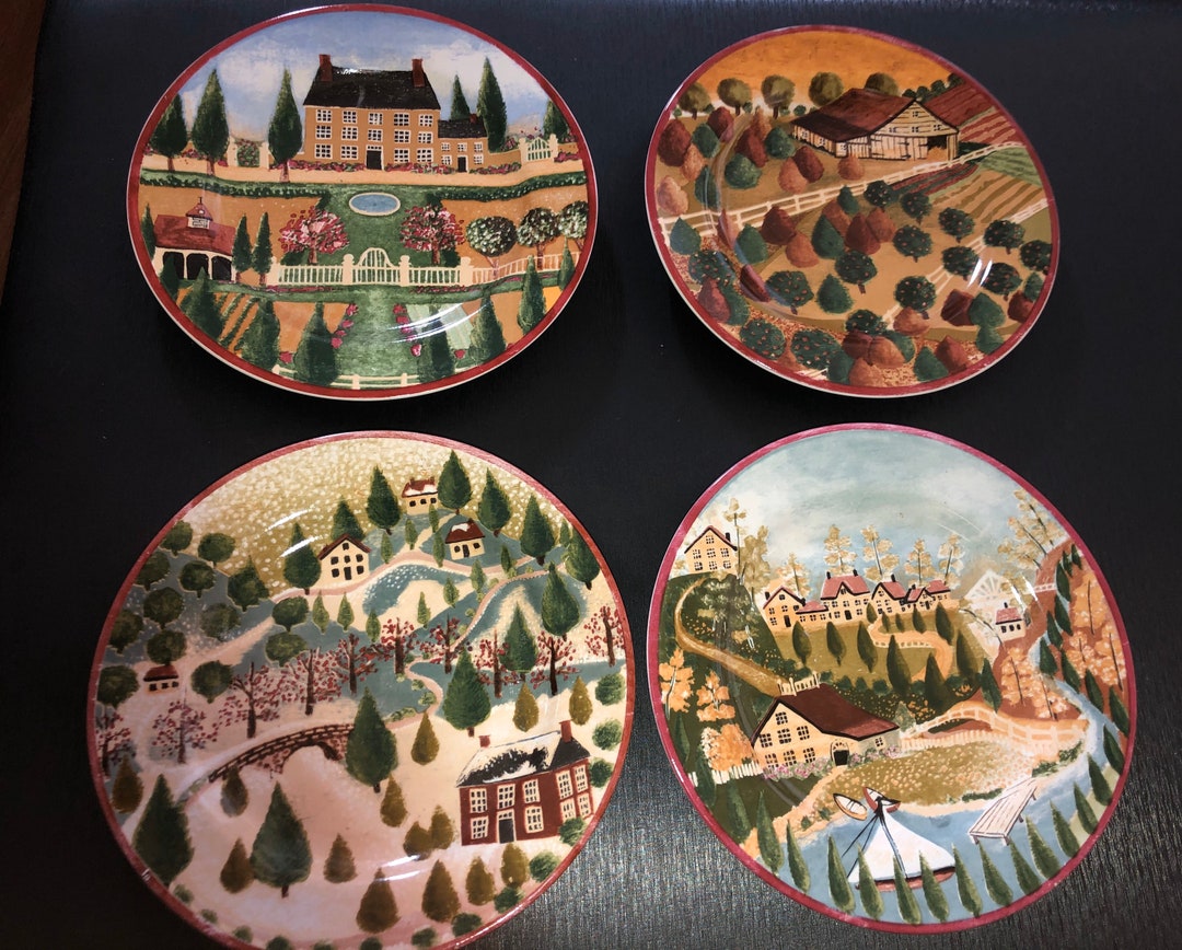Vintage 1995 Block Country Village Salad Plates, Farmhouse Cottage ...