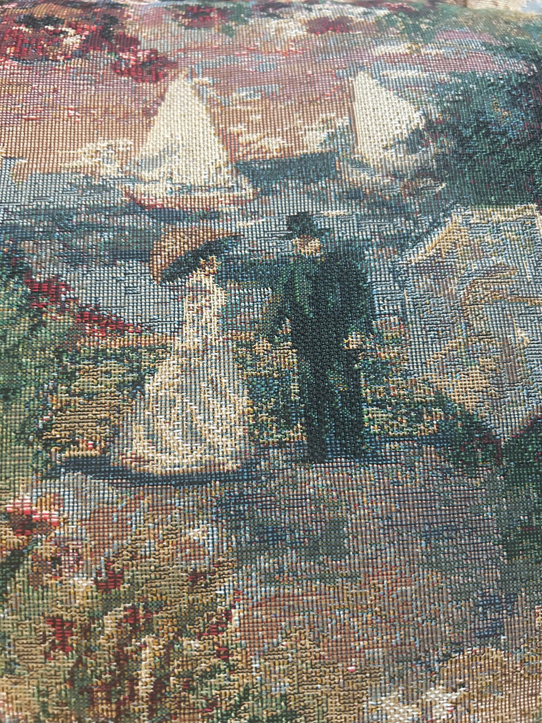 Vintage Toile Tapestry Sailboat Colonial River Scene Woven Lovers ...