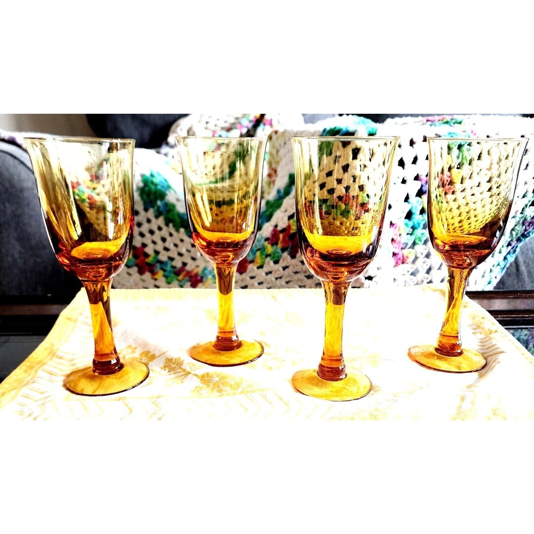 Set of 4 Vintage Amber Glass Wine Goblets Holiday Fall Entertaining ...