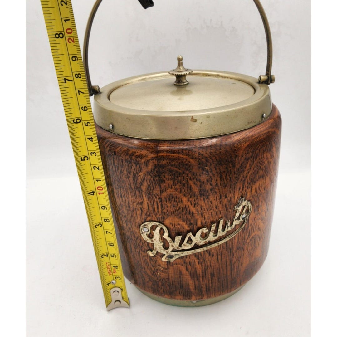 Vintage Oak Wood & Metal Biscuit Barrel With Porcelain Liner, Brass Lid ...