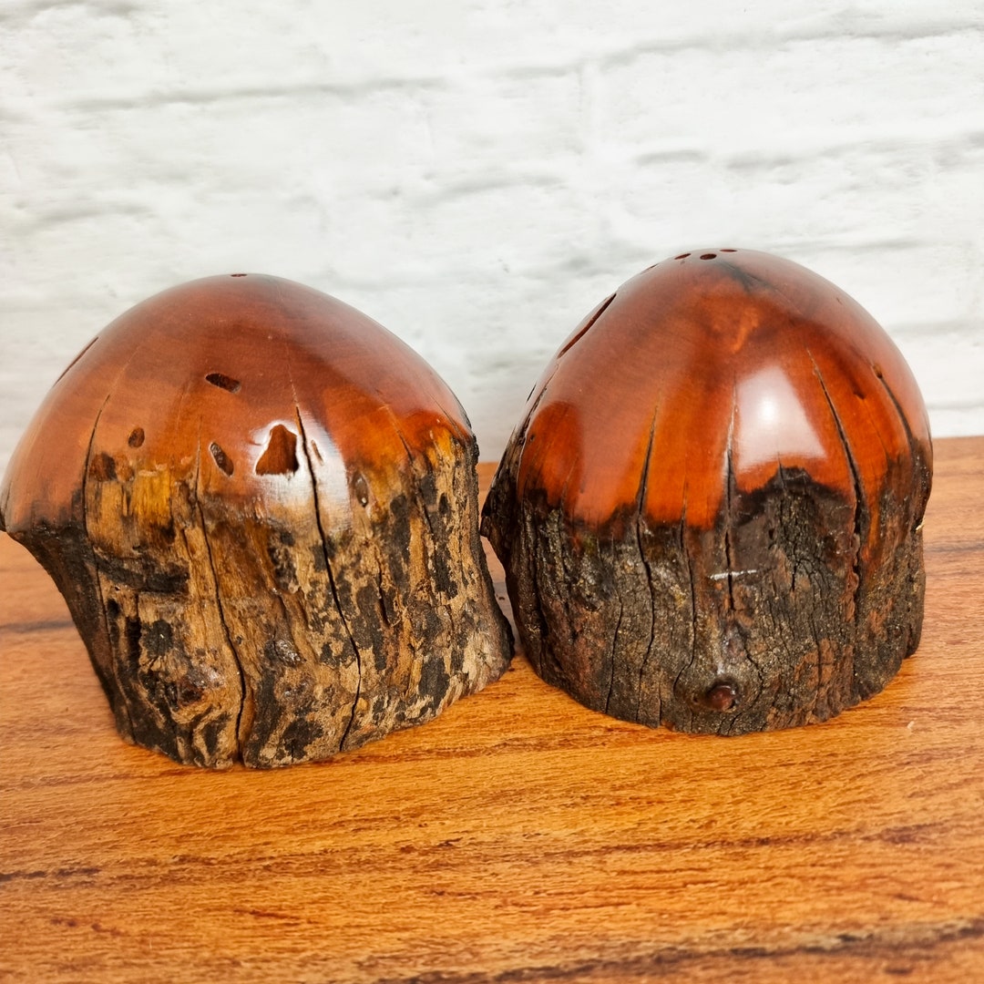Vintage Pair Rustic Wood Log Salt and Pepper Shakers Bark Stumps ...