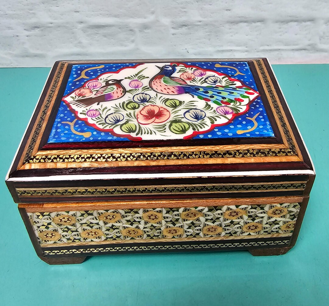 Vintage Persian Khatam Kari Inlay Trinket Box Hand-painted Peacocks ...