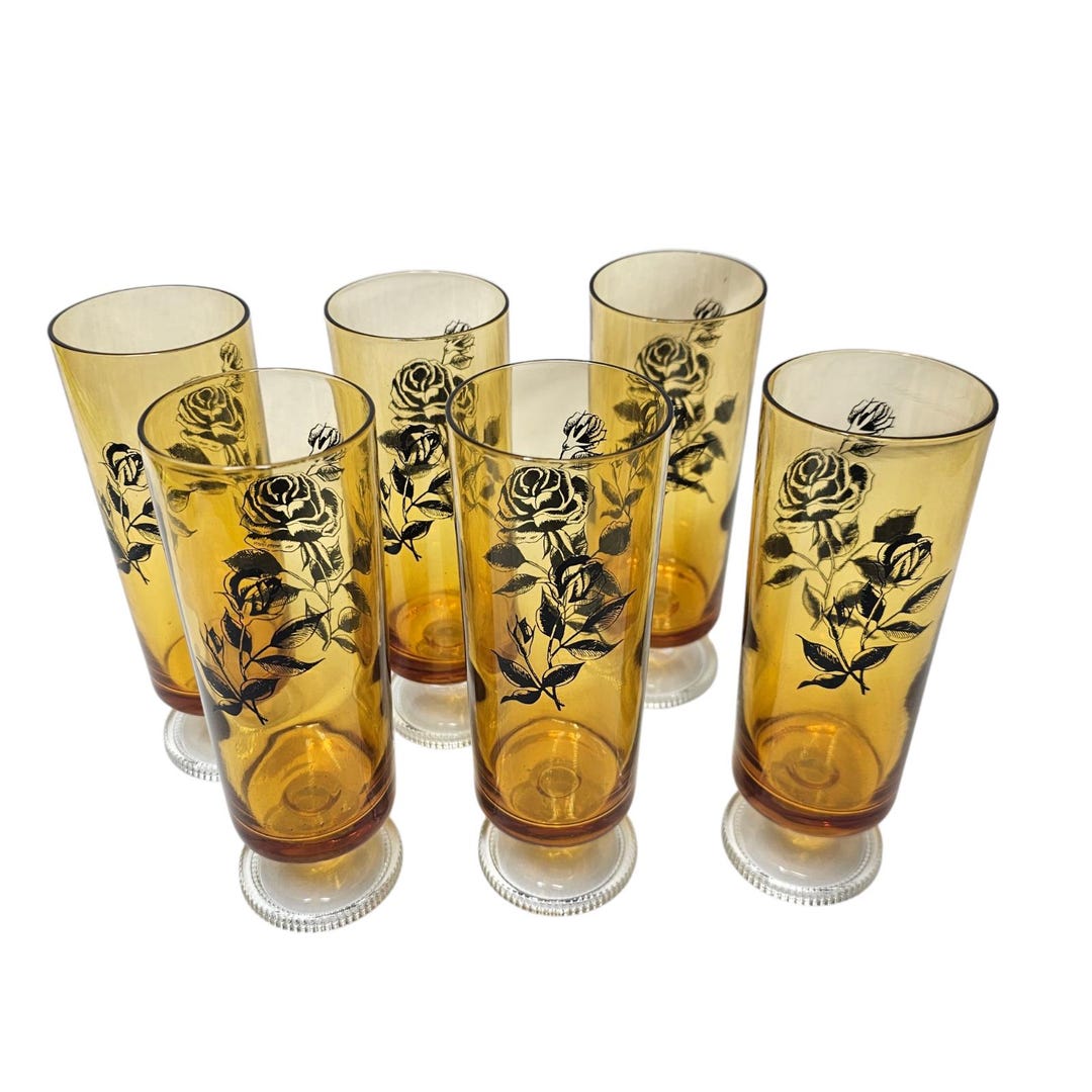 Vintage Aderia Amber Glass Black Roses Pattern Glasses Clear Glass ...
