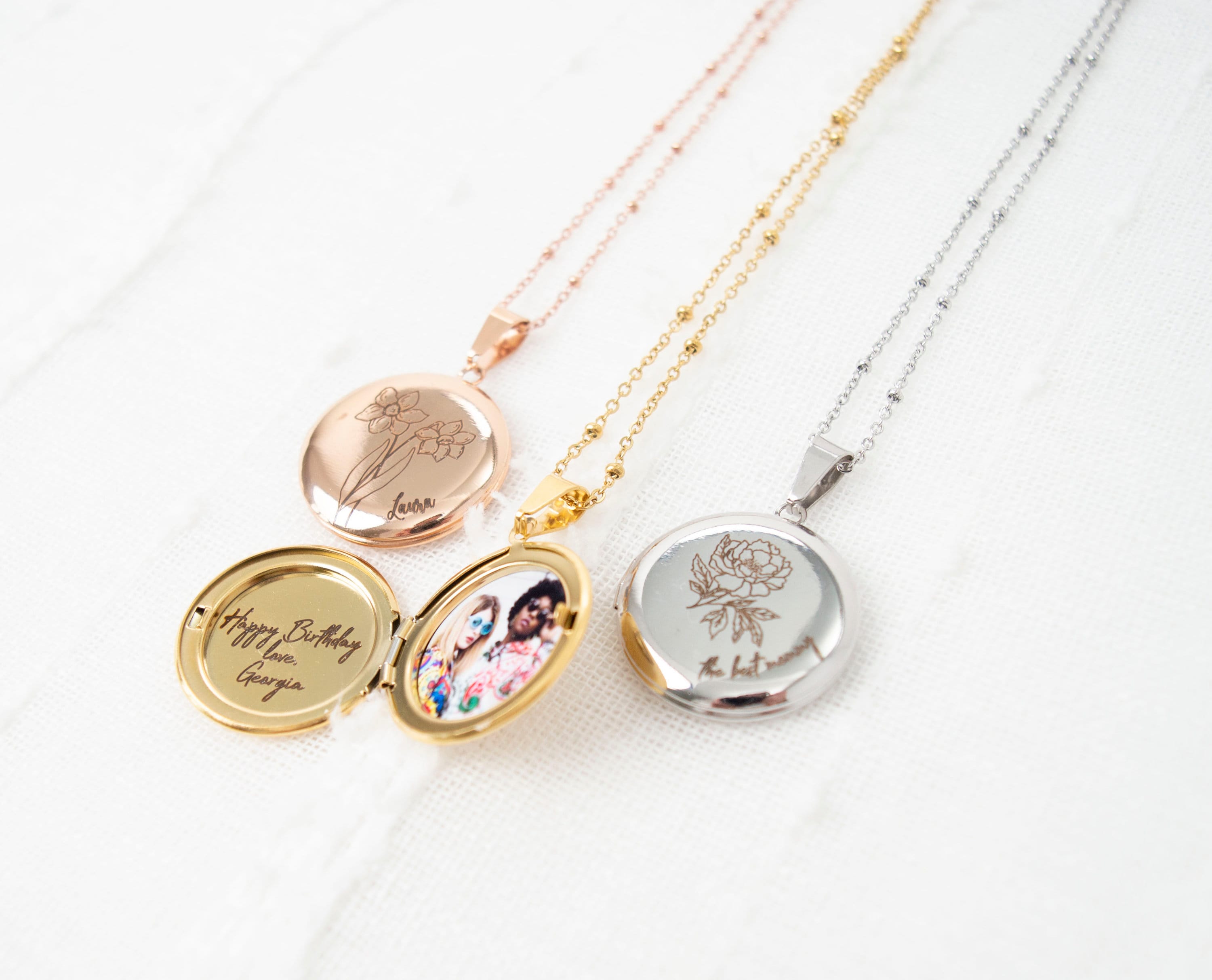 Birth Flower Locket necklace with photo and engraving, Round Locket ...