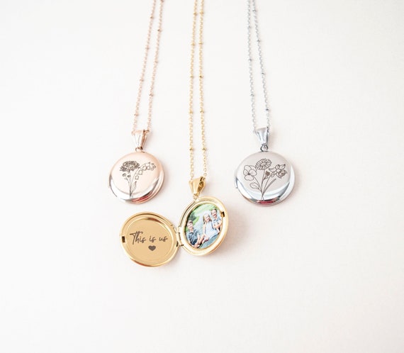 Bouquet Birth Flower Locket necklace with photo and engraving Round Locket non tarnish Engraved Locket gift for her memorial gift Etsy