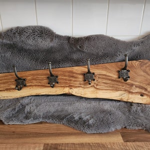 Hook Rack Solid Live Edge Oak With Cast Iron Coat Hooks Handmade Rustic ...