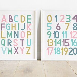 Alphabet and Numbers Print Set, Rainbow Wall Art, Playroom Prints, Set ...