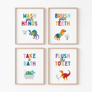 Kids Dinosaur Bathroom Art Set, Bathroom Wall Prints, Set of 4, Wash ...