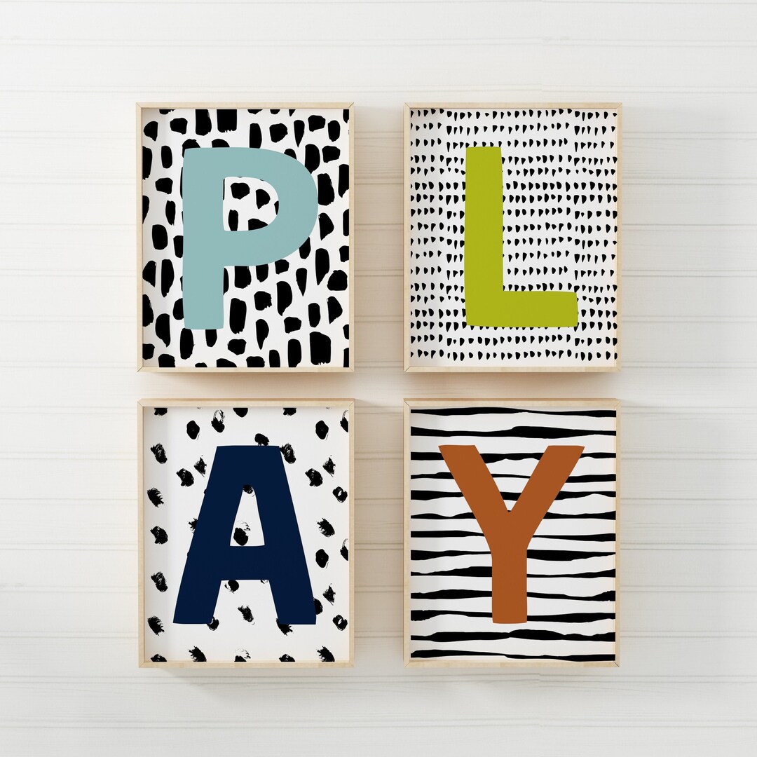 Play Letters Wall Art, Set of Four, Playroom Wall Decor, Playroom ...