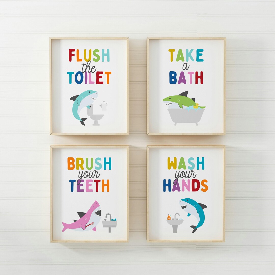Rainbow Sharks Bathroom Art Set, Shark Decor, Bathroom Wall Prints, Set ...