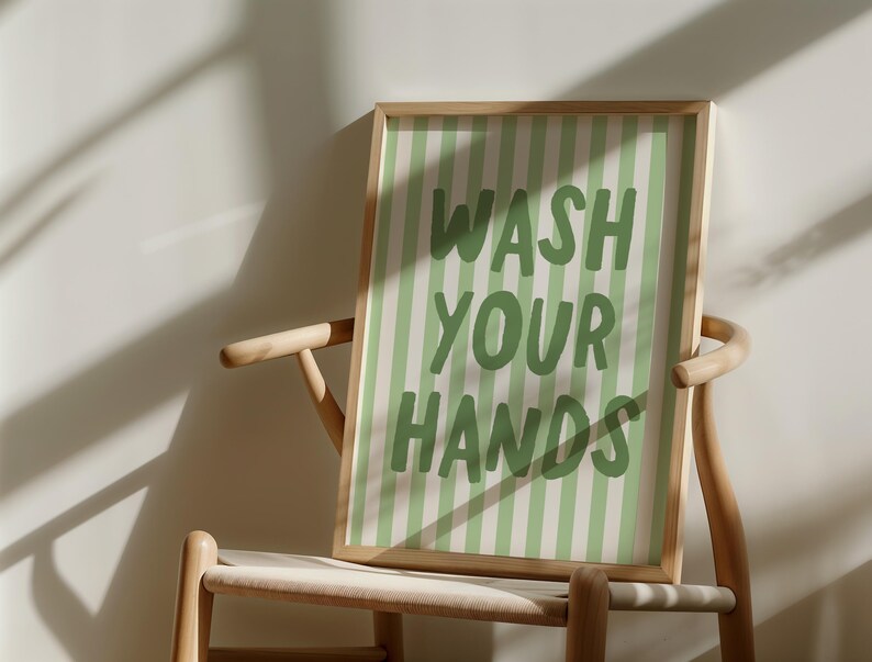 Wash Your Hands Digital Print – Green Striped Bathroom Wall Art, Kids ...