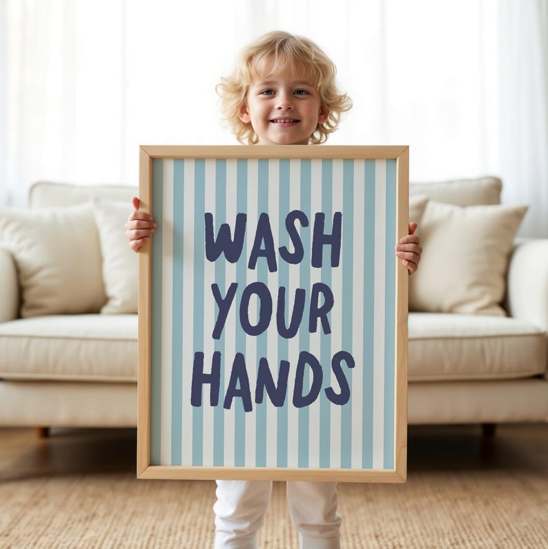 Wash Your Hands Wall Art Print – Blue Striped Bathroom Decor for Kids ...