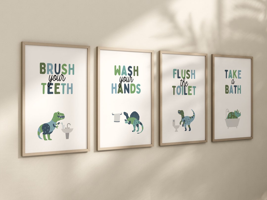 Kids Dinosaur Bathroom Art Set, Bathroom Wall Prints, Set of 4, Wash ...