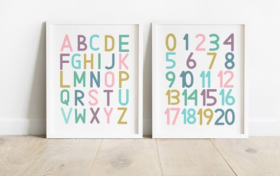 Alphabet and Numbers Print Set Rainbow Wall Art Playroom | Etsy
