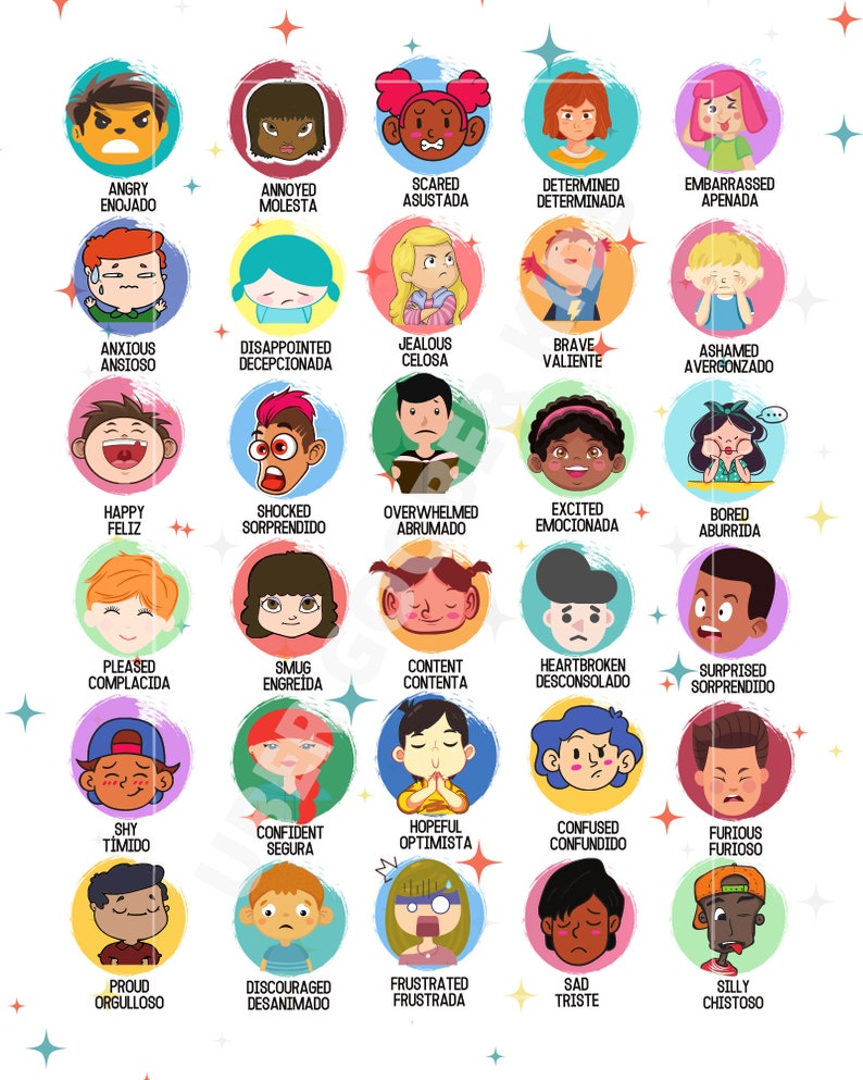 Emotions and Feelings Chart English and Spanish Diversity - Etsy