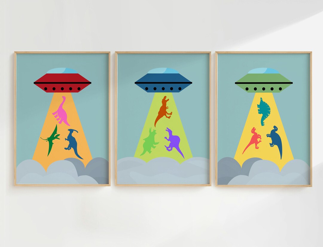 UFO Dinosaur Abduction Print Set for Kids, Retro Style Wall Art for ...