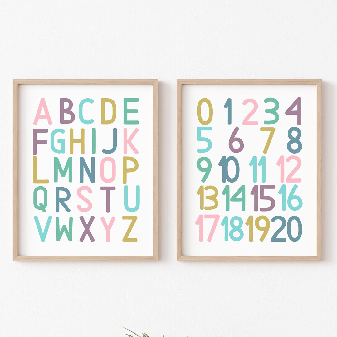 Alphabet and Numbers Print Set, Rainbow Wall Art, Playroom Prints, Set ...