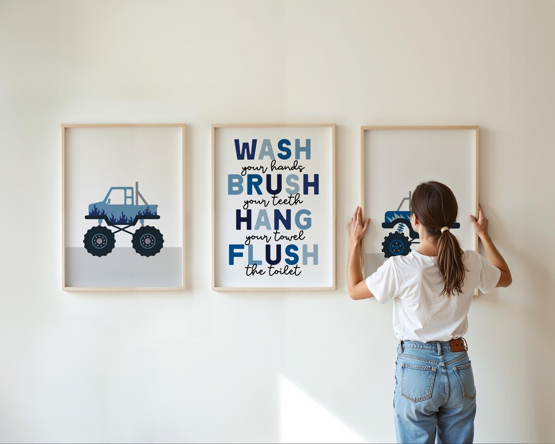 Monster Truck Bathroom Prints, Blue Bathroom Wall Prints, Set of 3 ...