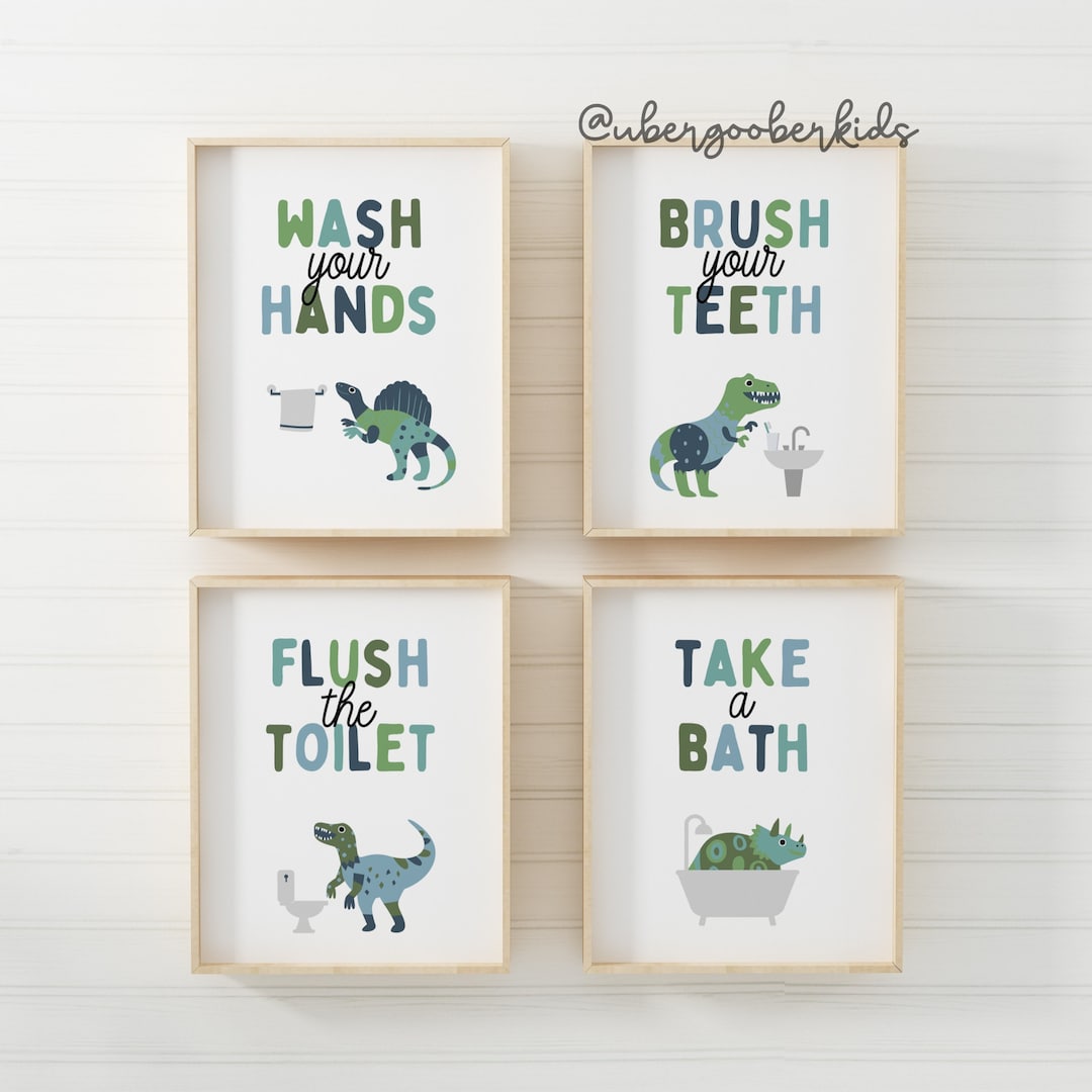 Kids Dinosaur Bathroom Art Set Bathroom Wall Prints Set of - Etsy