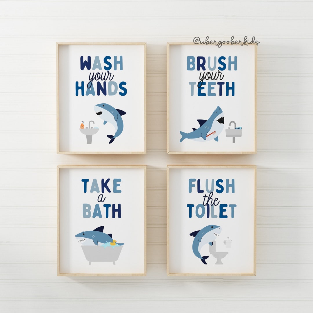 Kids Shark Bathroom Art Set, Shark Decor, Bathroom Wall Prints, Set of ...