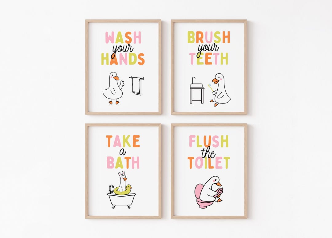 Duck Themed Bathroom Wall Art Set, Wash Your Hands, Brush Your Teeth ...