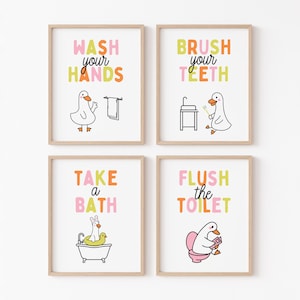 Duck Themed Bathroom Wall Art Set, Wash Your Hands, Brush Your Teeth ...