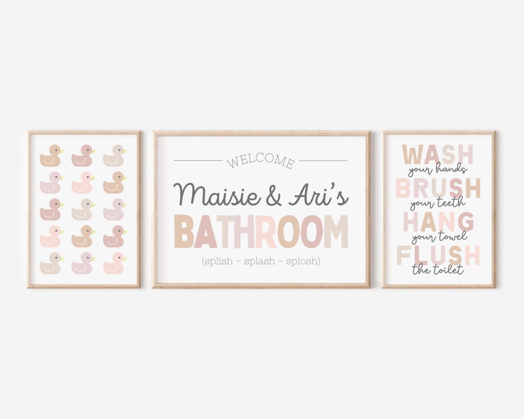 Girls Pink Bathroom Print Set, Duck Print, Sisters Art, Sibling ...