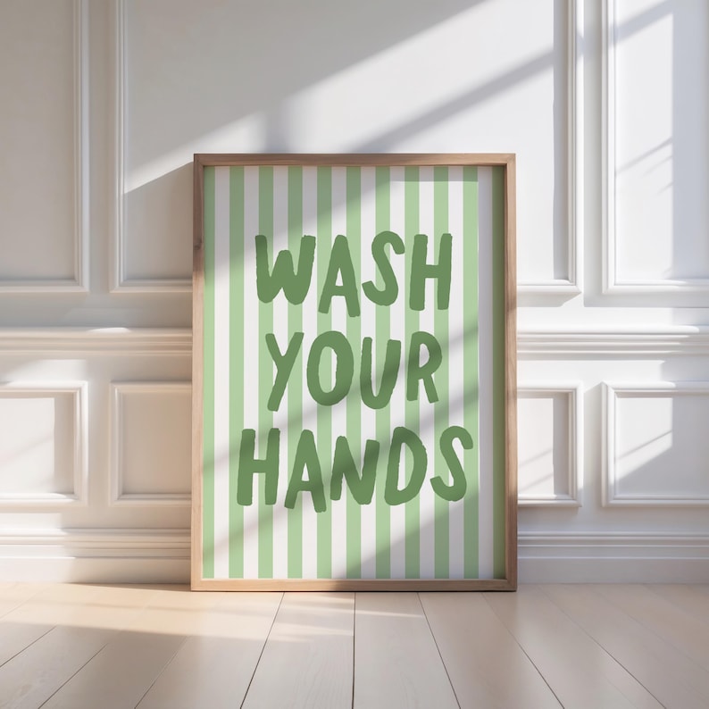Wash Your Hands Wall Art Print – Blue Striped Bathroom Decor for Kids ...