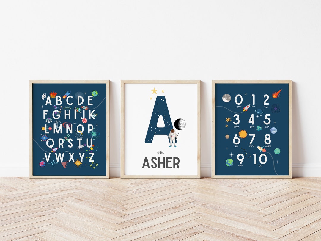 Space Wall Art Set of 3, Space Themed Nursery, Custom Baby Name Print ...