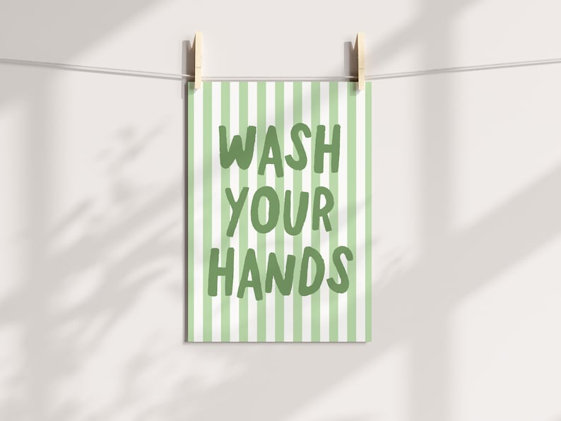 Wash Your Hands Digital Print – Green Striped Bathroom Wall Art, Kids ...