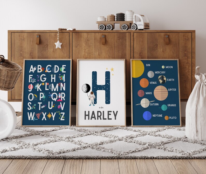 Space Wall Art Set of 3, Space Themed Nursery, Custom Baby Name Print ...