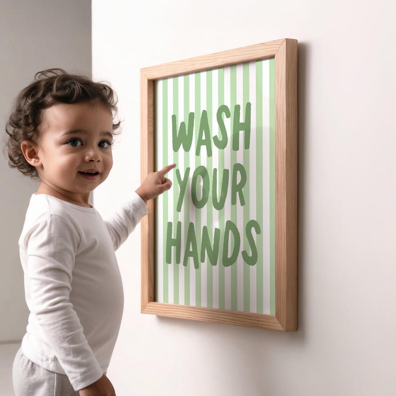 Wash Your Hands Digital Print – Green Striped Bathroom Wall Art, Kids ...