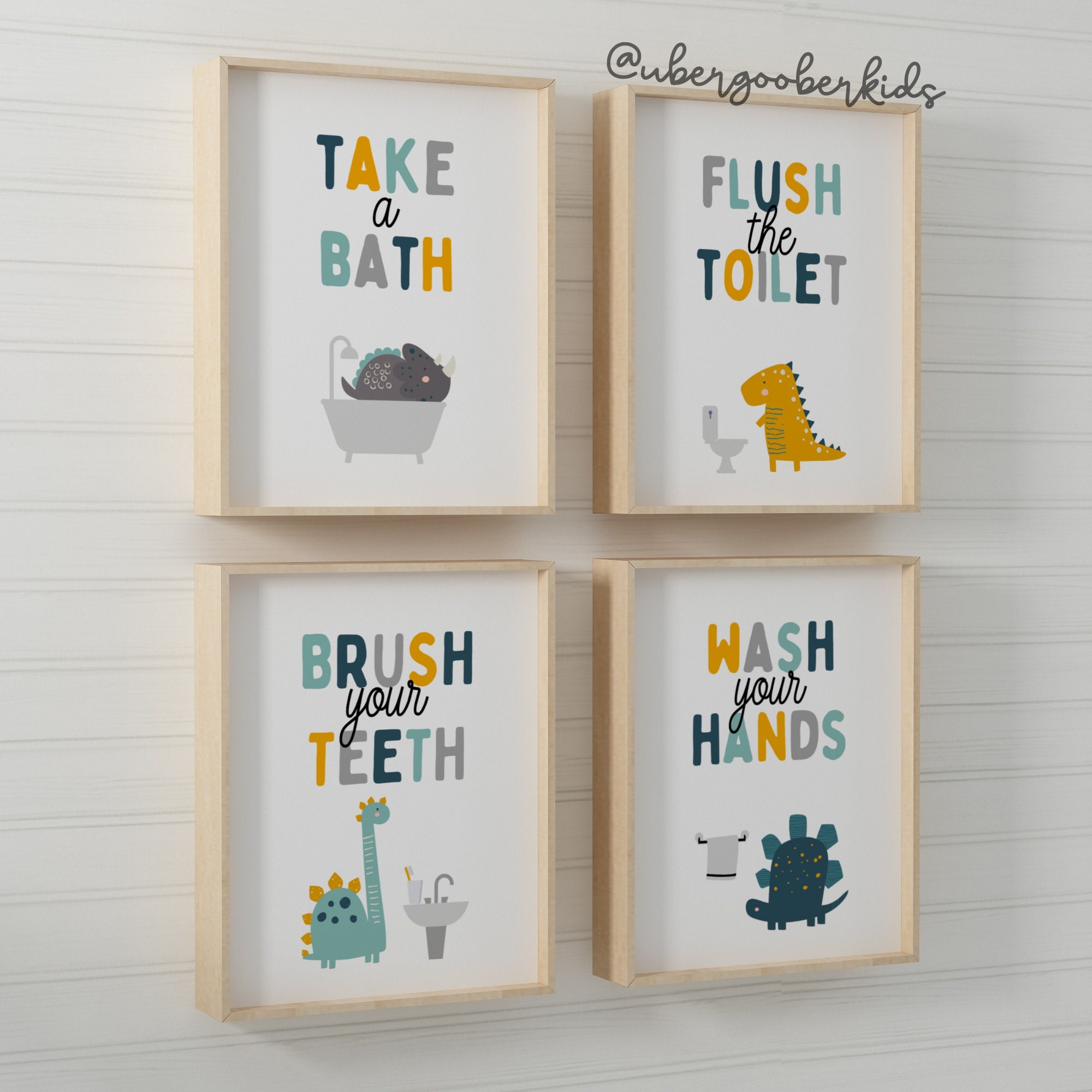 Kids Dinosaur Bathroom Art Set Bathroom Wall Prints Set of | Etsy