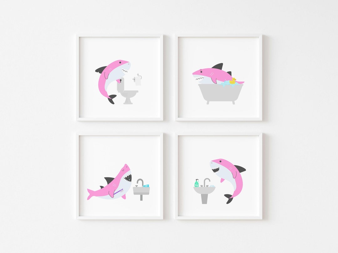 Kids Shark Bathroom Art Set, Shark Decor, Bathroom Wall Prints, Set of ...