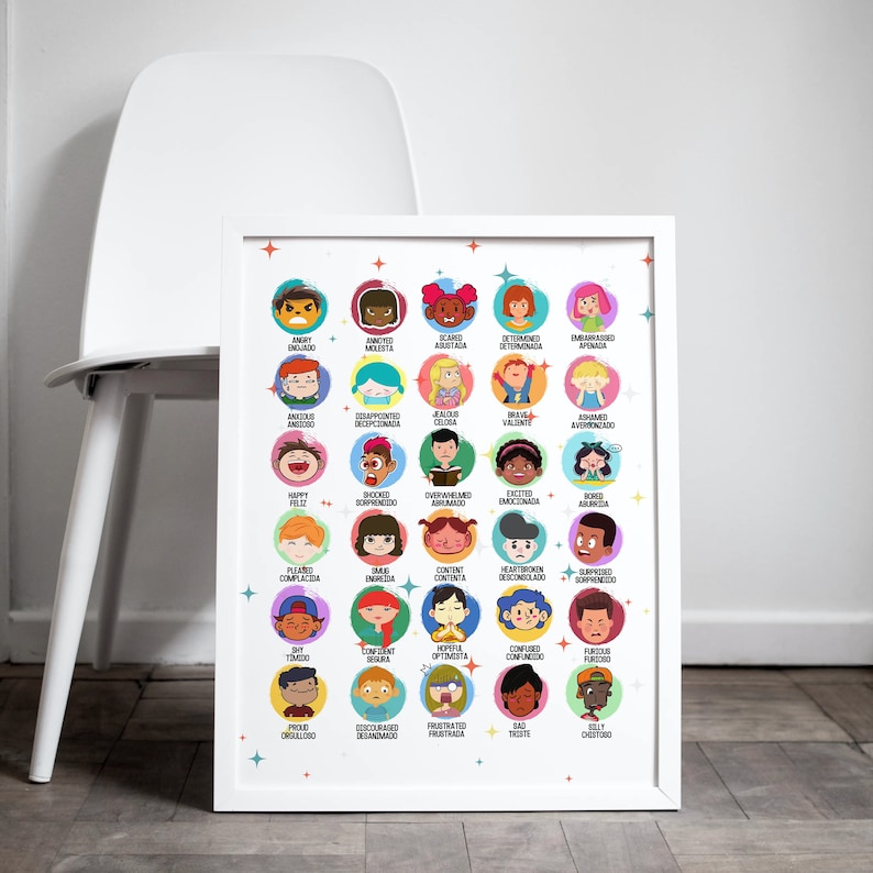 Emotions and Feelings Chart English and Spanish Diversity - Etsy