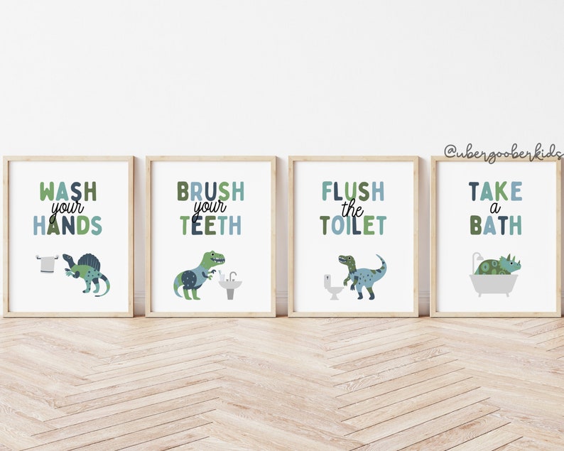 Kids Dinosaur Bathroom Art Set Bathroom Wall Prints Set of - Etsy