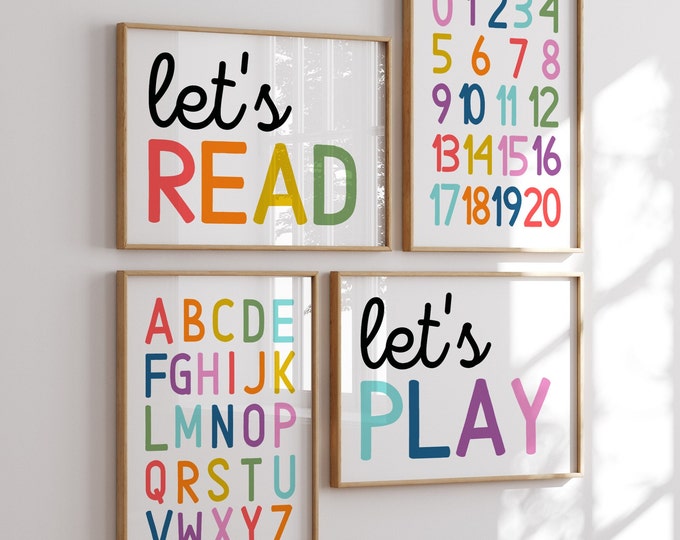Alphabet and Numbers Print Set, Rainbow Wall Art, Playroom Prints, Set ...